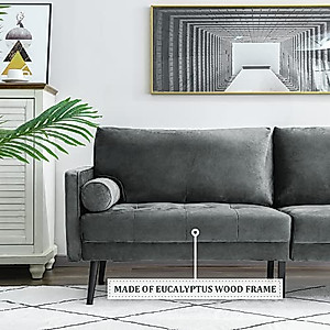 Vonanda Velvet Sofa Couch, Mid Century Modern Craftsmanship 73 inch 3-Seater Sofa with High-Density Sponge Comfy Soft Cushions and 2 Bolster Pillows for Compact Living Room, Grey