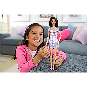 Barbie Fashionistas Doll #199 with Tall Body, Wavy Black Hair, Gingham Cut-Out Dress & Accessories