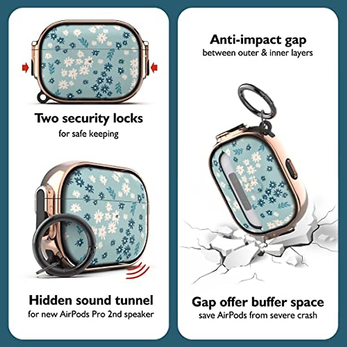 TATOFY case for AirPods Pro 2, AirPods Pro, Lock AirPod Pro 2 Case for Women, Flora Hard case with Carabiner, Support Wireless Charging, LED Visible (Cyan)