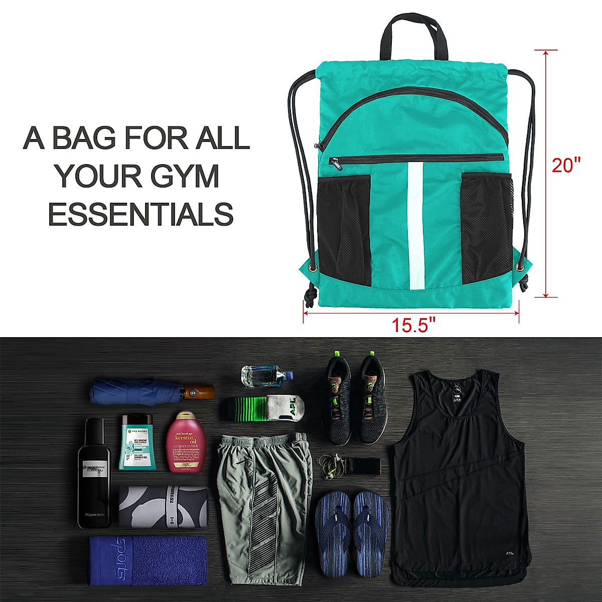 BeeGreen Teal Drawstring Backpack String Bag with Water Bottle Pockets Large Workout Bag Sackpack and Shoe Compartment Swim Sports Cinch Bag for Men Women Gym Yoga