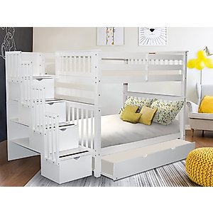Bedz King Stairway Bunk Beds Full over Full with 4 Drawers in the Steps and a Full Trundle, White