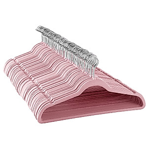 Elama 100 Piece Set of Velvet Slim Profile Heavy Duty Felt Hangers with Stainless Steel Swivel Hooks in Pink