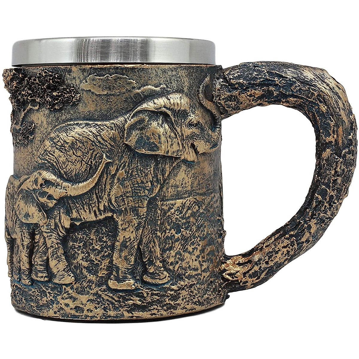Ebros Animal Totem Spirit Safari Elephant And Calf Family Mug Textured With Rustic Textured Tree Bark Design In Painted Bronze Finish 12oz Drink Beer Stein Tankard Coffee Cup (Elephant Family)