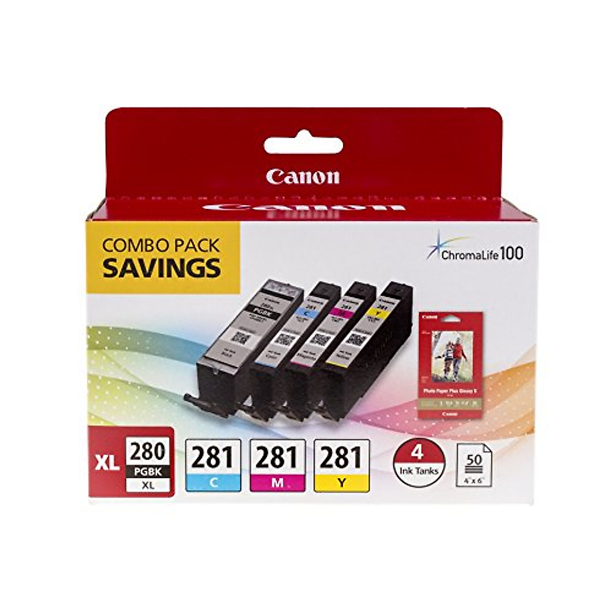 Canon PGI-280XL PGBK/CLI-281CMY, 50 Sheets PP-301 Combo Pack & 281 Black Ink Tank, Compatible to TR8520, TR7520, TS9120 Series