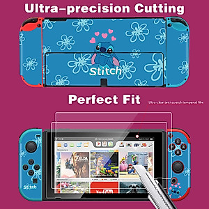oqpa for Nintendo Switch OLED 2021 Skins Stickers for Girls Boys Kids Cute Kawaii Cartoon Character Fun Decals with Tempered Glass Screen Protector for Nintendo Switch OLED(Blue Heart Stitc)
