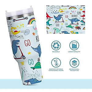 RPLIFE Playful Dinosaurs 40 Oz Tumbler with Handle and Straw, Stainless Steel Water Bottle with Straw, Coffee Tumbler for Women