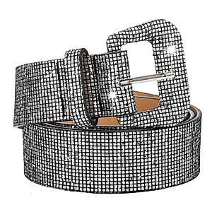 Yalice Shiny Sequins Belt Rhinestone Leather Sash Belt Women Bling Skinny Belts for Dress Studded Waist Belt for Jeans Pant (Antique Silver)