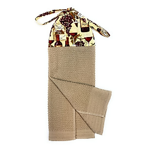 Wine Bottles Glasses and Grapes Ties On Stays Put Tan Kitchen Bathroom Hanging Loop Hand Dish Towel She Who Sews