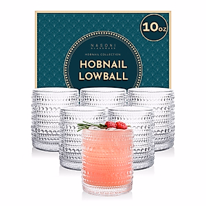 NASONI GLASSWARE - Set of 6, 10 oz Clear Hobnail Drinking Glasses in Luxury Box, Embossed Beaded Drinking Glasses, Versatile Lowball Hobnail Glasses for All Occasions, Vintage Glassware Design