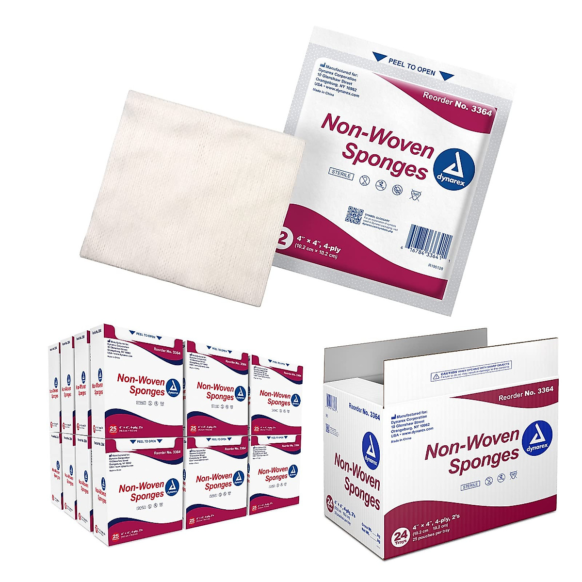 Dynarex Non-Woven Sponges, Sterile, Gauze Sponges, Highly-Absorbent and with Less Linting, 4"x 4", 4 Ply, 1 Case of 600 (24 Boxes of 25)