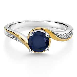 Gem Stone King 925 Sterling Silver and 10K Yellow Gold Round Blue Sapphire and White Moissanite Women Engagement Ring (1.15 Cttw, Gemstone Birthstone, Available In Size 5, 6, 7, 8, 9)