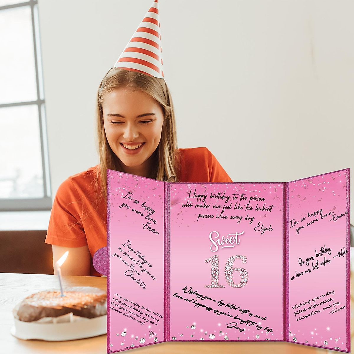 Crenics Sweet 16 Birthday Decorations, Creative Hot Pink 16th Birthday Guest Book Alternative, Large 16th Birthday Signature Book 12" x 18", Great 16 Years Old Birthday Gifts for Girls