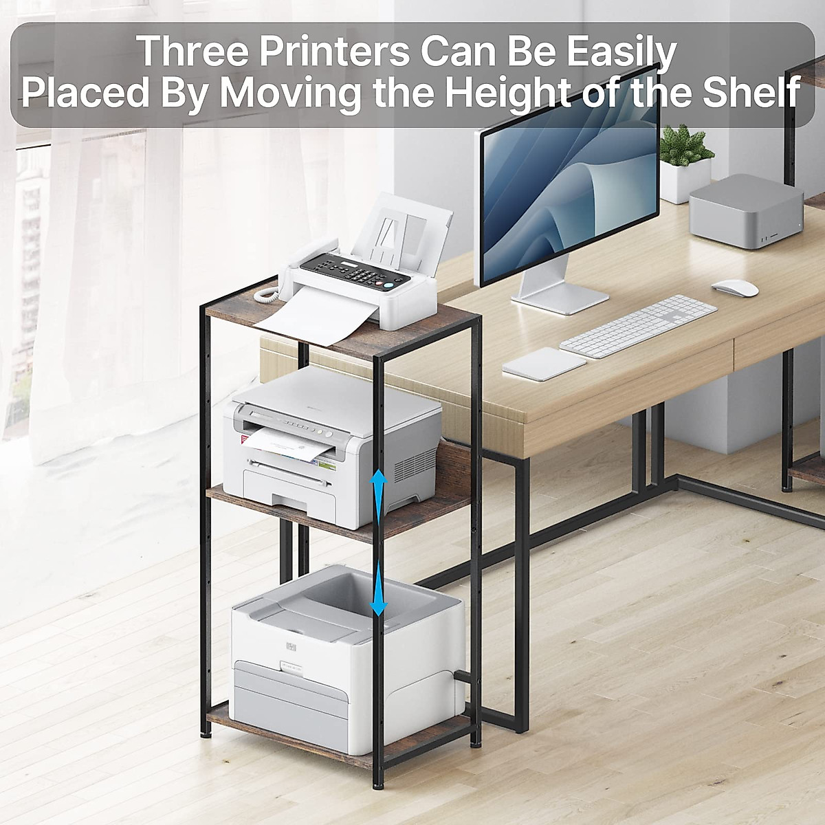 CCCEI Black Computer Tower and Printer Stand with Charging Station, 3 Outlets and Fast Charging USB Ports, 3 Tier Movable Storage Shelf, Tall PC Case or Scanner Table 39 Inches High for Small Office.