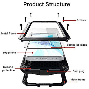 LUSTAM Heavy Duty Rugged Full Body Shockproof Dustproof Military Aluminum Silicone Bumper Protective Hard Case with Built in Screen Protector, Port Protector for iPhone 13 Mini 5.4 inch, Black