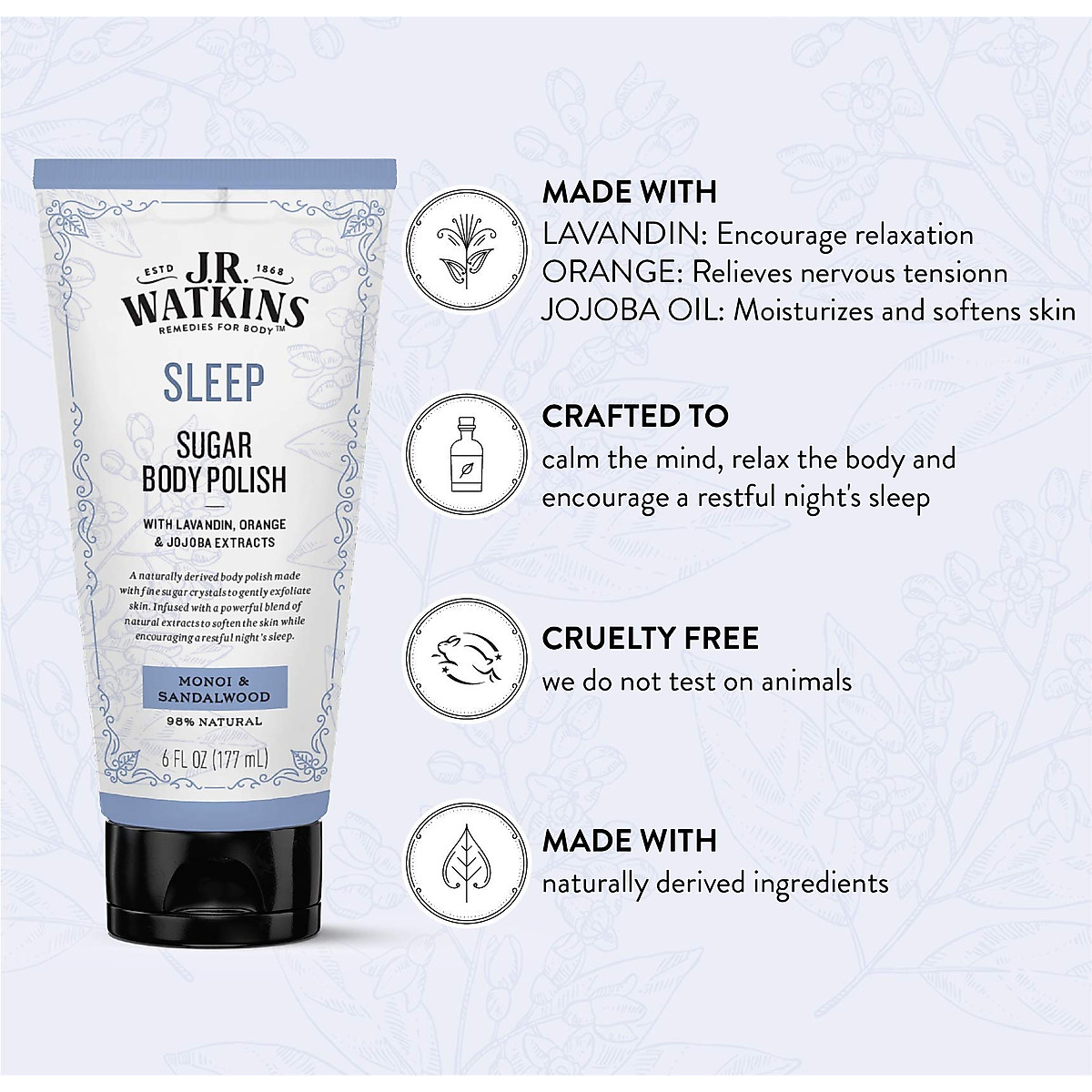 J.R. Watkins Sleep Sugar Body Polish, Monoi & Sandalwood Natural Body Scrub Cleanses & Encourages Restful Sleep, 6 oz