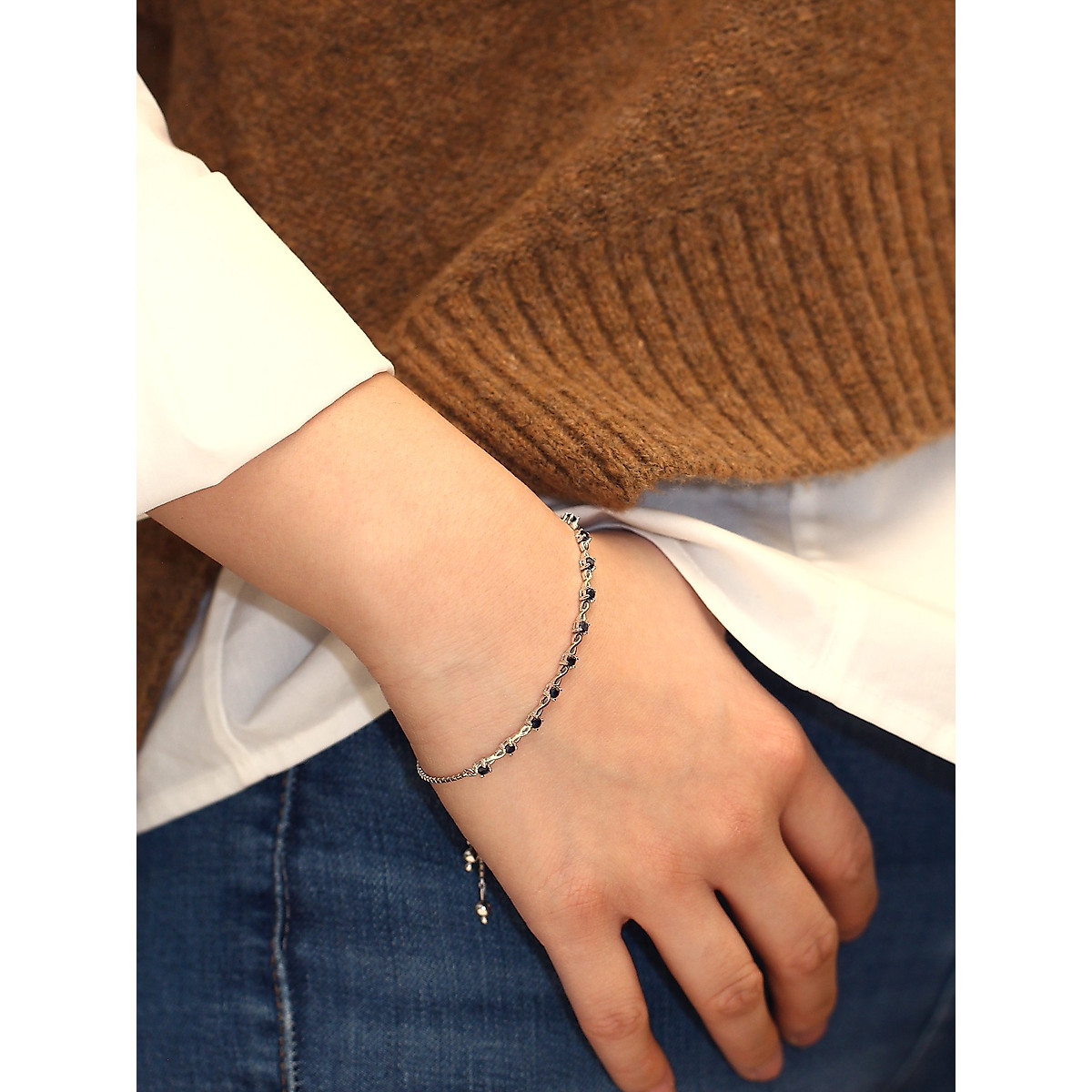 Gem Stone King 925 Sterling Silver Blue Created Sapphire Adjustable Bracelet For Women (0.50 Cttw, Round Cut 2.5MM, Gemstone Birthstone, Fits Up To 9 Inch Wrist)