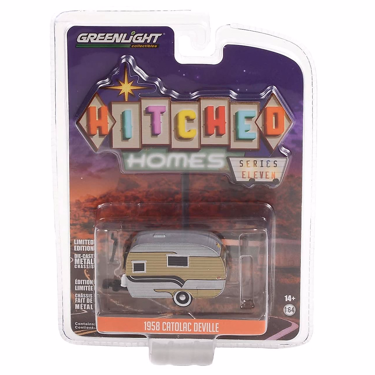 Greenlight 34110-B Hitched Homes Series 11 - 1958 Catolac DeVille Travel Trailer - Gold, Black and Aluminum 1:64 Scale