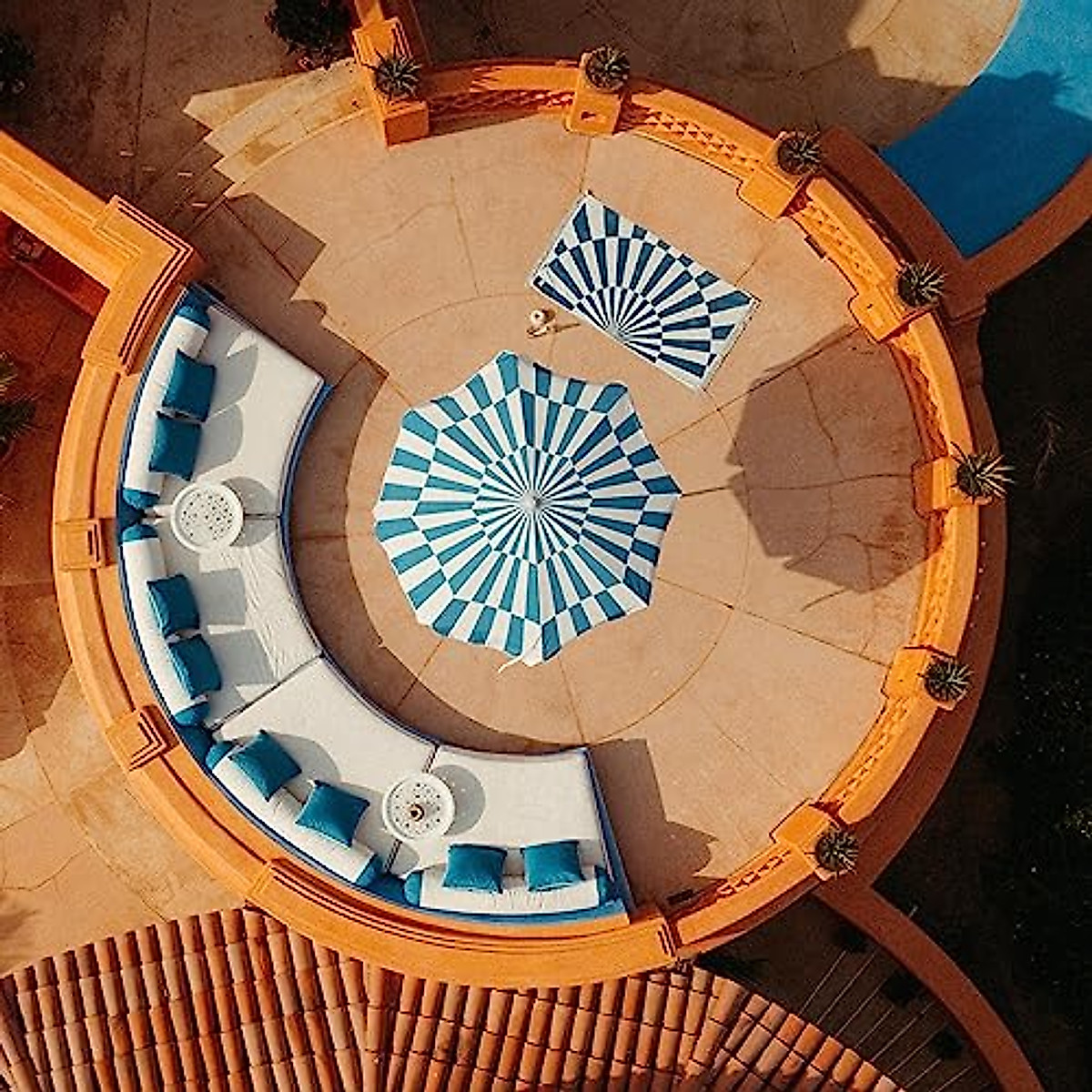 Business & Pleasure Co. Amalfi Umbrella - 7.2' Boho Beach Umbrella - Large & Sturdy Yet Lightweight - UPF 50+ UV-Resistant Canvas, Classic Spiral Blue