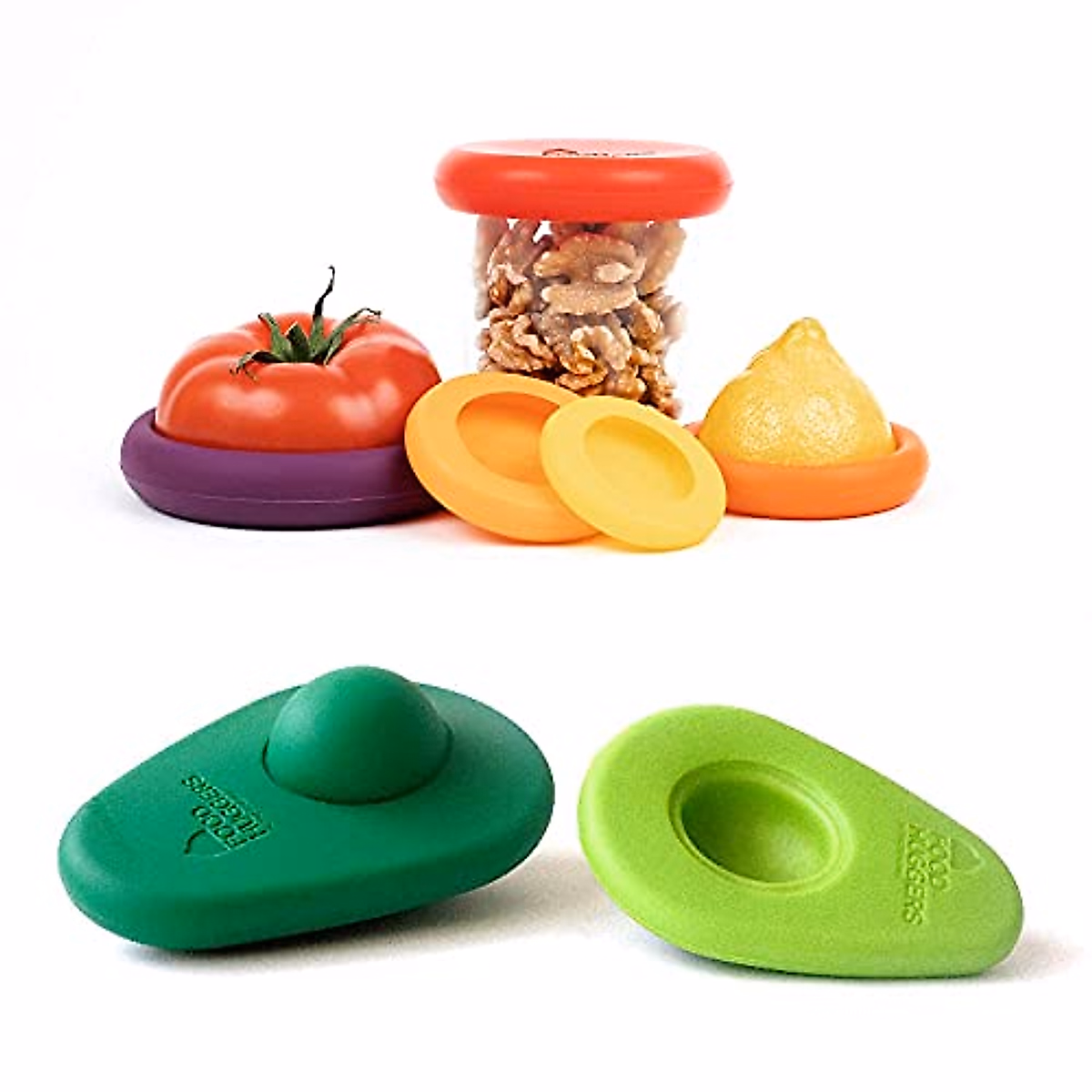 Food Huggers Zero Waste Starter Kit - (7 Pieces) -Avocado Hugger Saver Covers (Set of 2) + Reusable Silicone Food Savers Autumn Harvest (Set of 5), Dishwasher Safe, Keeps Food Fresh