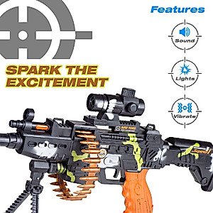 Light Up Toy Machine Blaster - Scope, Stand and Carrying Strap Flashing Lights, Sounds and Unique Revolving Rounds - Toys for Boys Combat Military Mission Toy - Birthday Gifts for Kids - Playo