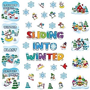 72 Pcs Winter Mix Cut Outs Winter Wonderland Cutouts Penguin Snowflake Snowman Paper Cutouts with Glue Point Dots Winter Bulletin Board Set for Classroom Decor School Christmas Winter Party Supplies