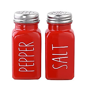 Wartter Salt and Pepper Shakers Set - Farmhouse Kitchen Vintage Glass Black White Shaker Sets with Stainless Steel Lids (Red)