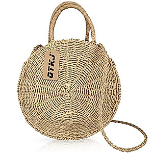 Women Straw Summer Beach Bag Handwoven Round Rattan Bag Cross Body Bag Shoulder Messenger Satchel with Handle