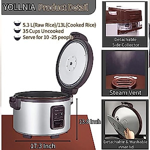 YOLLNIA Commercial Large Rice Cooker & Food warmer | 13.8QT/65 Cup cooked rice | Non-stick Inner Pot |Auto Warmer Mode |1350W Fast Cooking