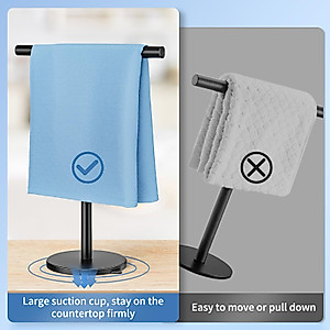 PUWWOT T-Shape Hand Towel Holder Stand with Large Suction Cup Base, Free Standing Hand Towel Rack for Bathroom or Kitchen Countertop, Stainless Steel (Black)