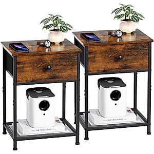 AMHANCIBLE Night Stand Set 2, Nightstand with Fabric Drawer, Industrial End Tables Living Room with Storage Shelf, Slim Bedside Table for Bedroom, Small Spaces, Rusic Brown, HET03SDBR