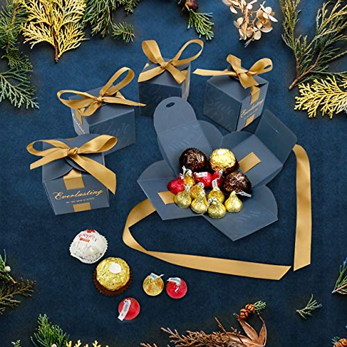 Yoption 50pcs Wedding Party Favor Boxes, Navy Blue Wedding Birthday Candy Boxes, Chocolate Treat Gift Boxes with Ribbon for Wedding Bridal Baby Shower Birthday Party Decoration, 2.5X2.5 X2.5 inches