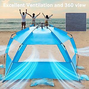 KO-ON Pop Up Beach Tent for 4 Person, Easy Setup and Portable Beach Shade Sun Shelter Canopy with UPF 50+ UV Protection, Extendable Floor with 3 Ventilating Windows Plus Carrying Bag