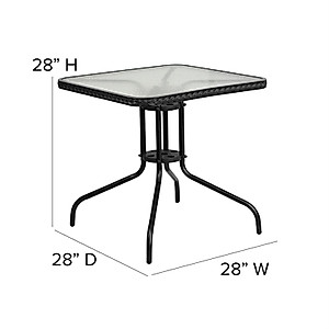 Flash Furniture Barker 28'' Square Tempered Glass Metal Table with Black Rattan Edging