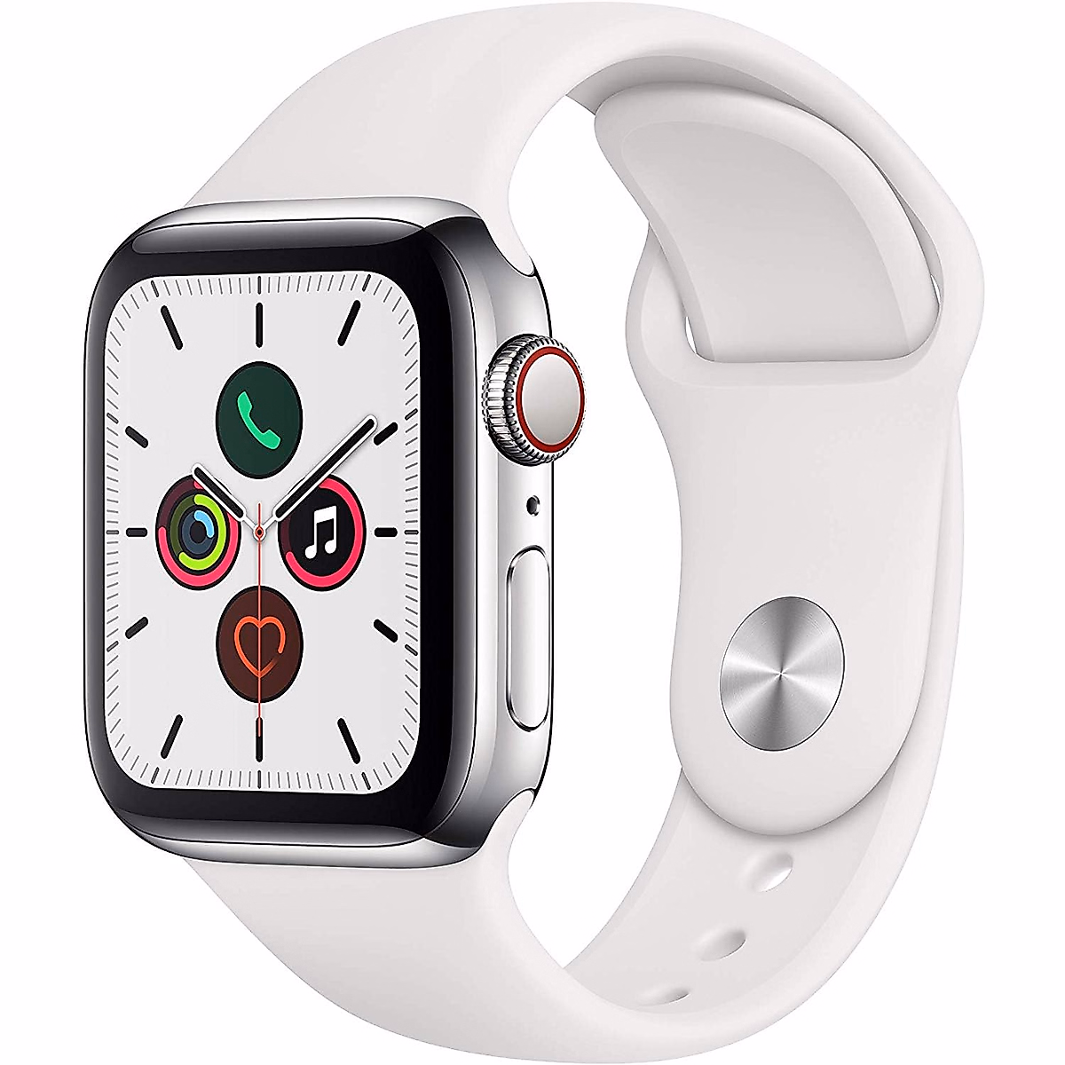Apple Watch Series 5 (GPS + Cellular, 44MM) - Silver Stainless Steel Case with White Sport Band (Renewed)