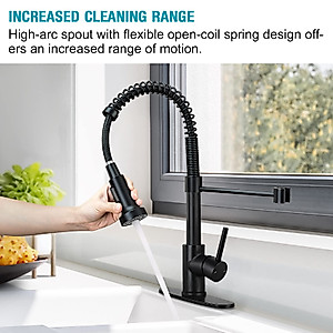 DJS Kitchen Faucets with Pull Down Sprayer Matte Black -【Dual Mode Setting】Single Handle 1 or 3 Holes Commercial Spring Kitchen Sink Faucet with Deck Plate for Farmhouse RV Vessel Basin