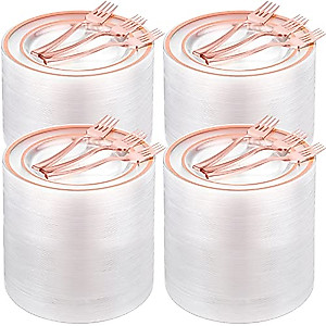 300 Pieces Plastic Dessert Plate Sets 150 Fork and 150 Small Clear Cake Plate Rim Disposable Plate Round Plastic Dessert Party Plate 6 Inch Fancy Salad Plate Appetizer Plate for Wedding (Rose Gold)
