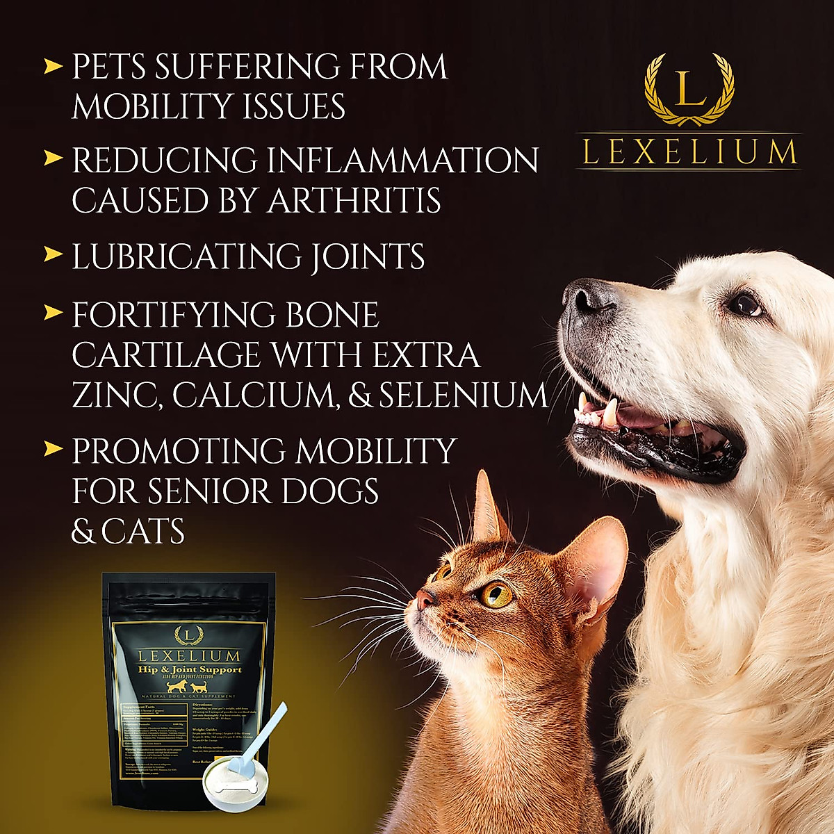 Lexelium Joint Supplement for Dogs & Cats - Chondroitin Sulfate, Turmeric, MSM, Glucosamine & Calcium for Healthy Bones & Optimal Skeletal Function - Optimal Joint Care to Help w/Arthritis- 200g