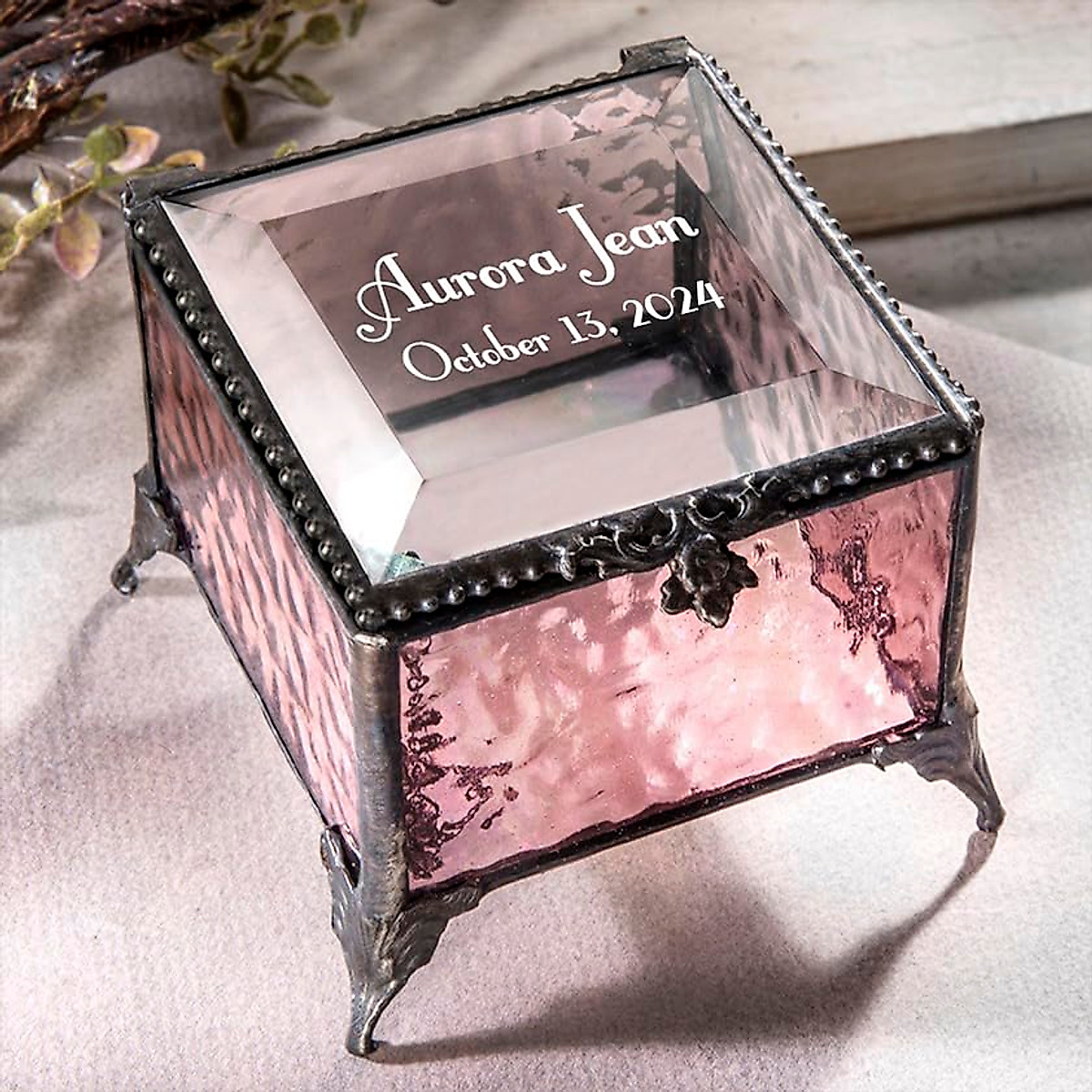 Personalized Baby Keepsake Box Customized Baptism Christening Gift Engraved Glass Jewelry Trinket J Devlin Box EB217-2 (Pink)