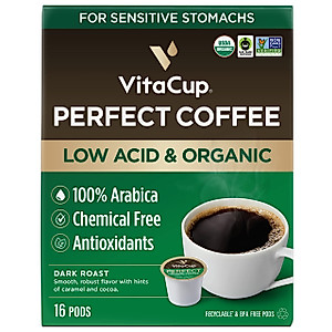 VitaCup Perfect Low Acid Coffee Pods, USDA Organic & Fair Trade, Mycotoxin Free, Dark Roast Guatemala Single Origin, Clean & Pure Recyclable Single Serve Pod compatible w/Keurig K-Cup Brewers,16 CT