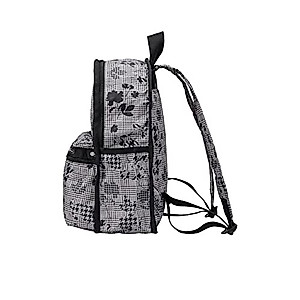 LeSportsac Suiting Floral Basic Backpack/Rucksack, Style 7812/Color E435, Classic Black & White Glen Plaid Softened with Artfully Arranged Modern Slate Grey Abstract Flowers