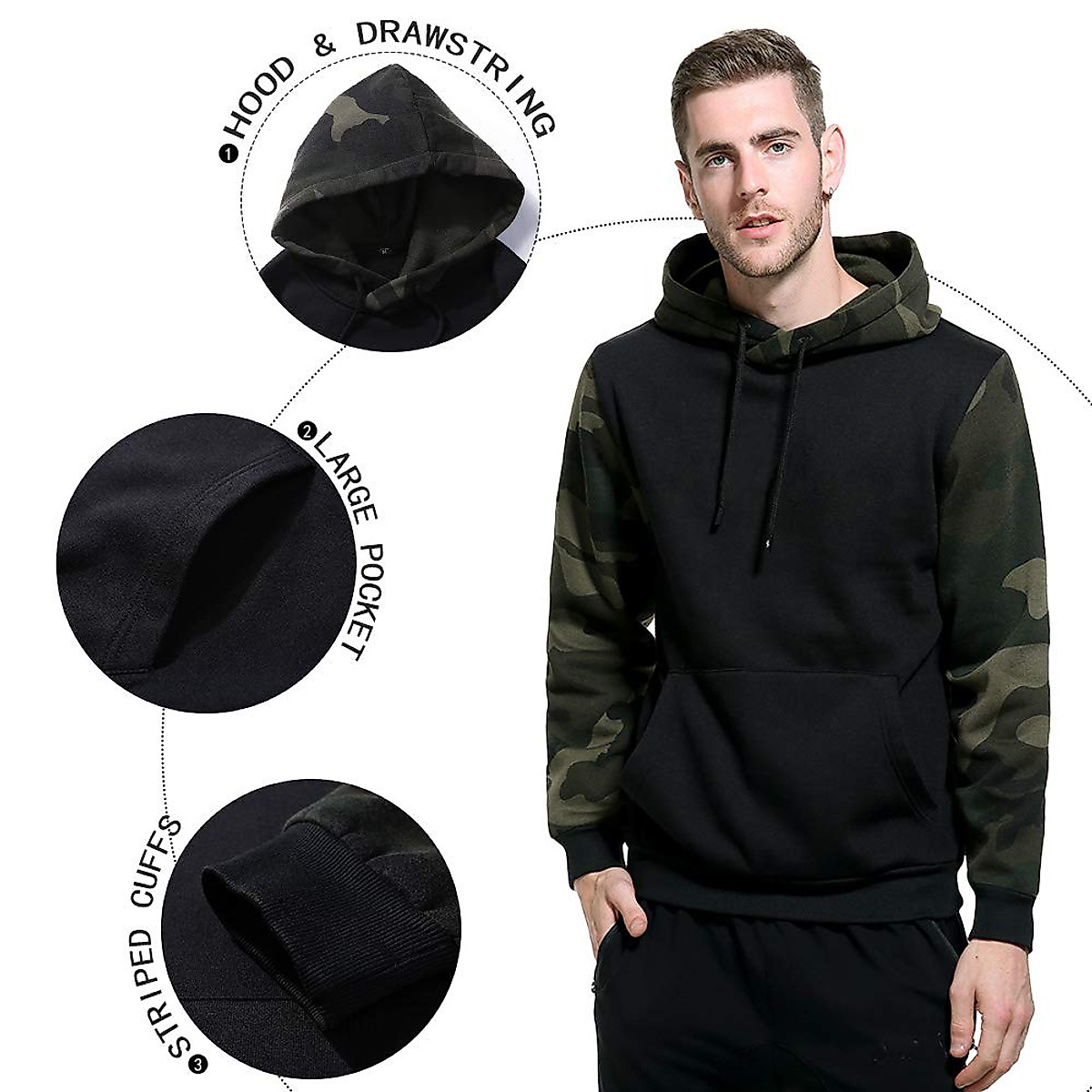 AOTORR Men's Pullover Camouflage Fleece Hoodies Long Sleeve Contrast Color Military Sweatshirt with Pocket Black XXL