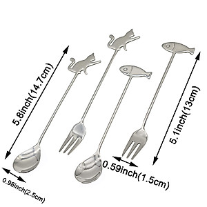 Maydahui 6PCS Cat Fish Spoon and Fork Cute Coffee Animal Spork 5.8 inch 18/10（304）Stainless Steel Teaspoon Dessert Drink Sugar Spoons Fruit Forks Tableware