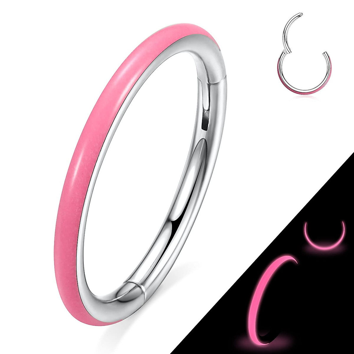FUNLMO 16G Septum Rings Nose Rings Hoops Silver Cartilage Earring Conch Hoop Earring 316L Surgical Steel Conch Helix Tragus Daith Rook Orbital Piercing Jewelry 10mm Glow In The Dark Fluorescent Pink