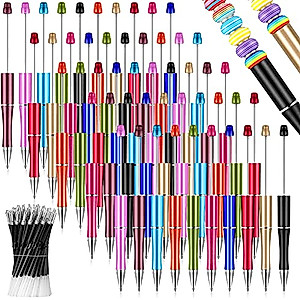 50 Pieces Plastic Beadable Pen Bulk Bead Ballpoint Pen Shaft Black Ink Beaded Pens with 50 Refills for DIY Making Gift Kids Students Office School Supplies (Bright Color)