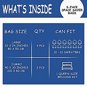 VICARKO Space Saver Vacuum Seal Storage Bags, for Cloths, Comforters and Blankets, Compression Bags, Combo 6 -Pack (4 Large, 2 Jumbo), White