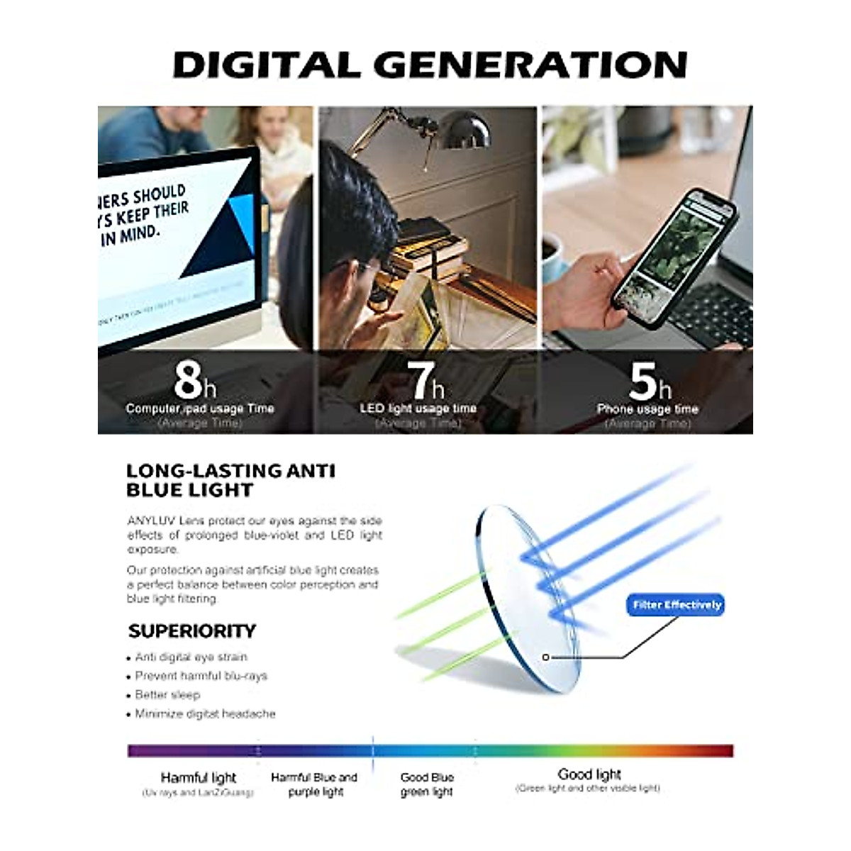 ANYLUV Blue Light Blocking Glasses Men Computer Gaming Glasses Rectangle Metal frame Anti Eyestrain UV400 Clear Lens