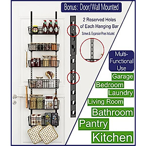 Olirum Over the Door Pantry Organizer, 6 Adjustable Baskets, Large Pantry Organization and Storage, Hanging or Wall Mounted Spice Rack for Kitchen Organization + Pantry Storage with Hooks & Dividers