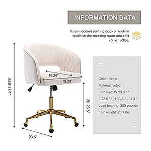 Qtivii Velvet Home Office Chair, Modern Office Chair with Gold Base, Home Office Desk Chair for Living Room, Bedroom, Vanity, Study (Beige)