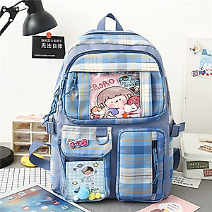 MOMEITU Kawaii Backpack with Cute pins and Pendants ins School Plaid Backpack Harajuku Student School Bag(Blue)