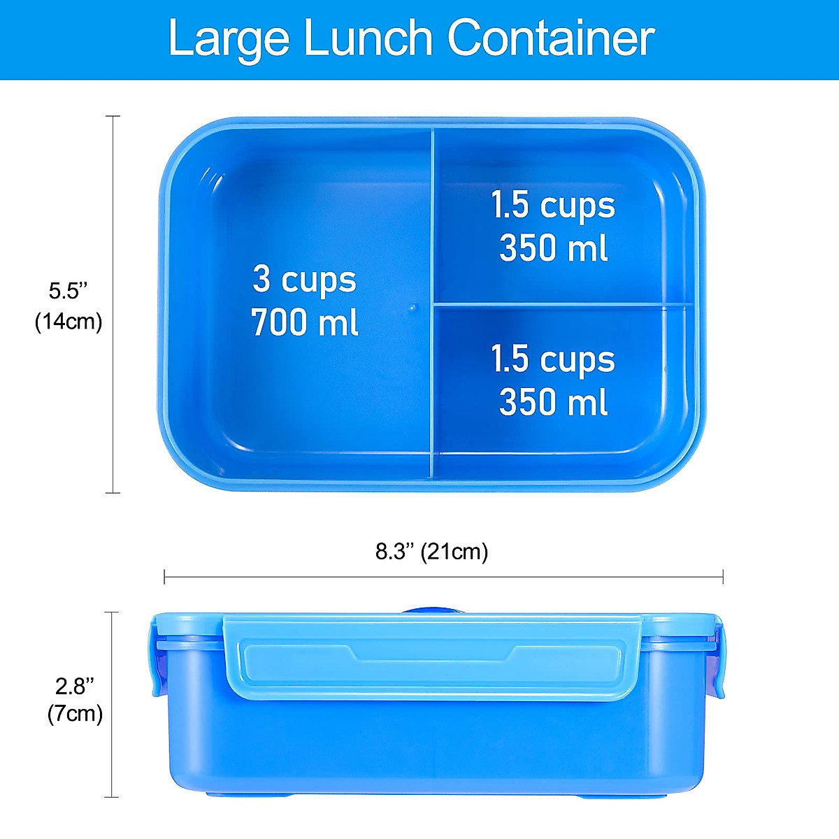 Caperci Classic Bento Lunch Box for Adult & Older Kids - Leakpoof 47 oz 3-Compartment Lunch Containers for Adults and Teens, Built-in Utensil Set, Ideal for On-the-Go, Blue